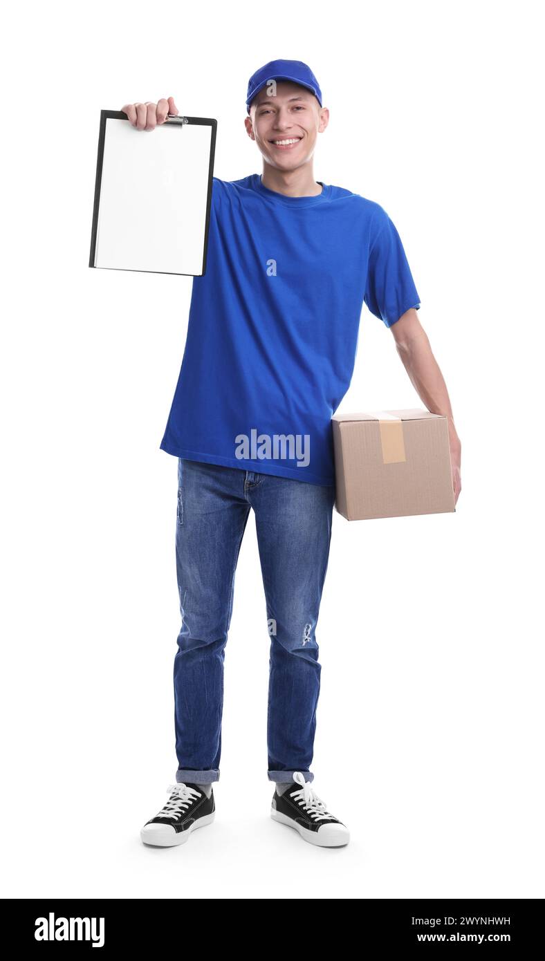 Happy courier with parcel and clipboard on white background Stock Photo ...