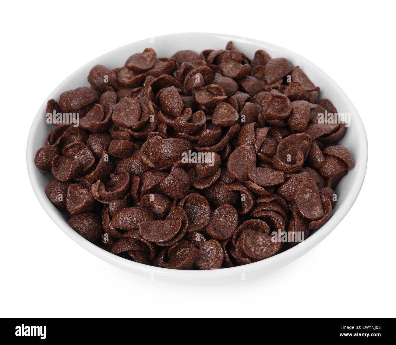 Breakfast cereal. Chocolate corn flakes in bowl isolated on white Stock ...