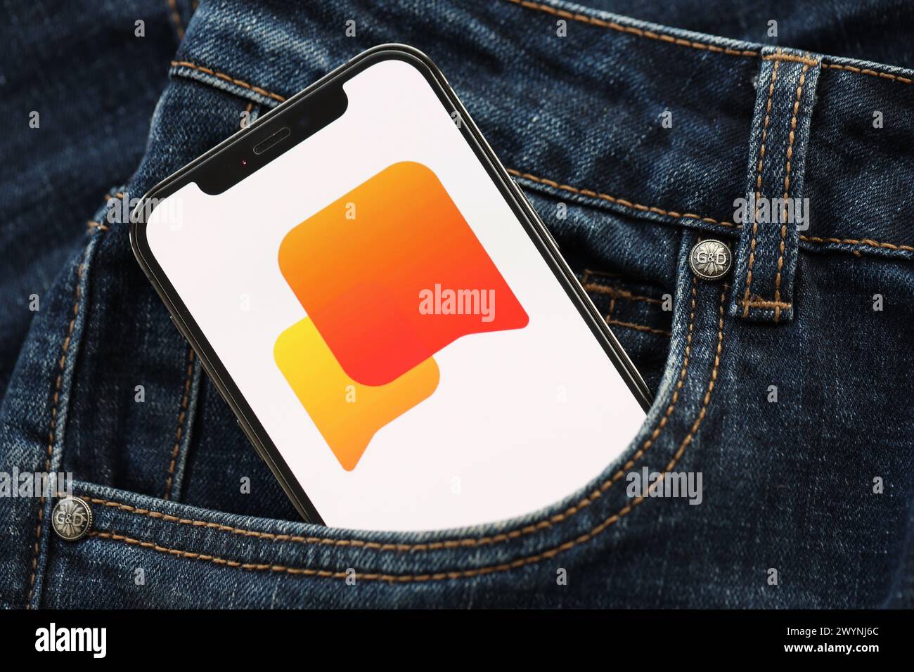 KYIV, UKRAINE - APRIL 1, 2024 Helo icon on smartphone display screen in ...