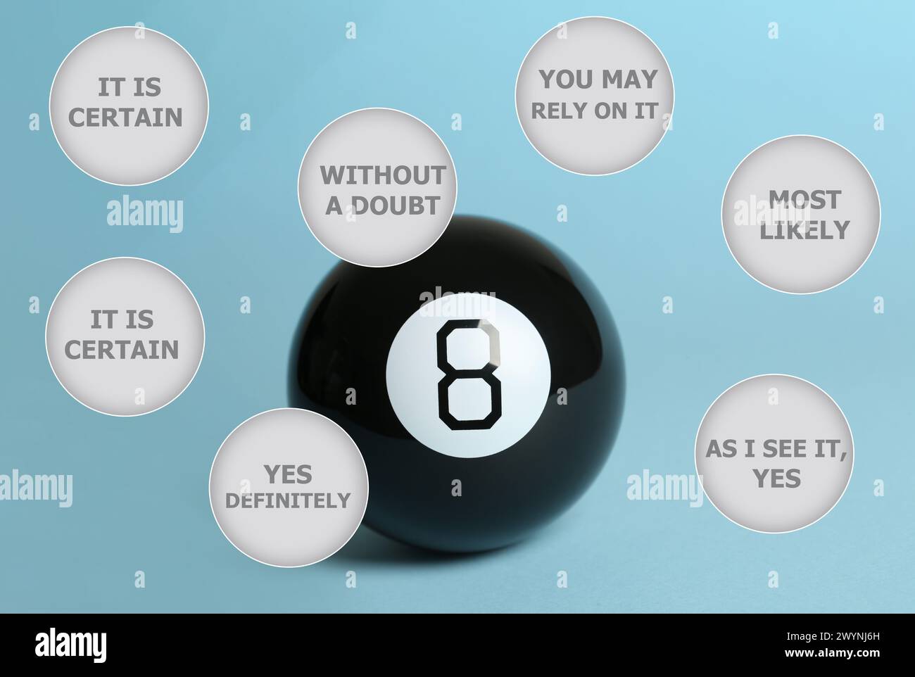 Magic eight ball and positive predictions around it on light blue ...