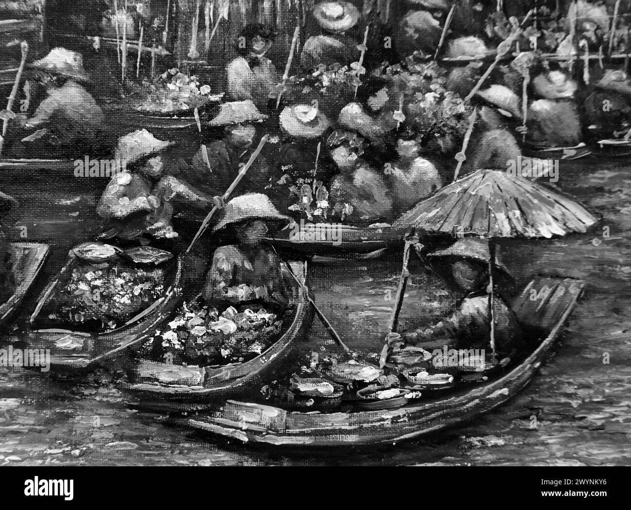 Hand drawn Art painting Oil color Floating market dumnoen saduak ...