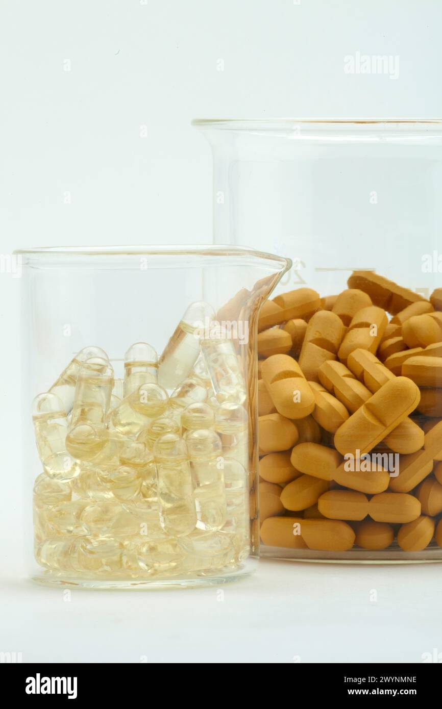 Samples of capsules and tablets, Generic drugs, Pharmaceutical plant ...