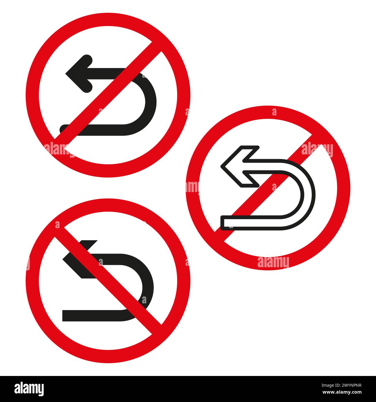 U-turn prohibition sign. Circular red symbol. Traffic rule ...