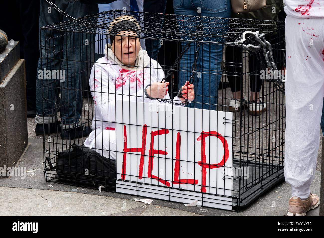 New York, United States. 07th Apr, 2024. Woman in a cage dressed as a ...