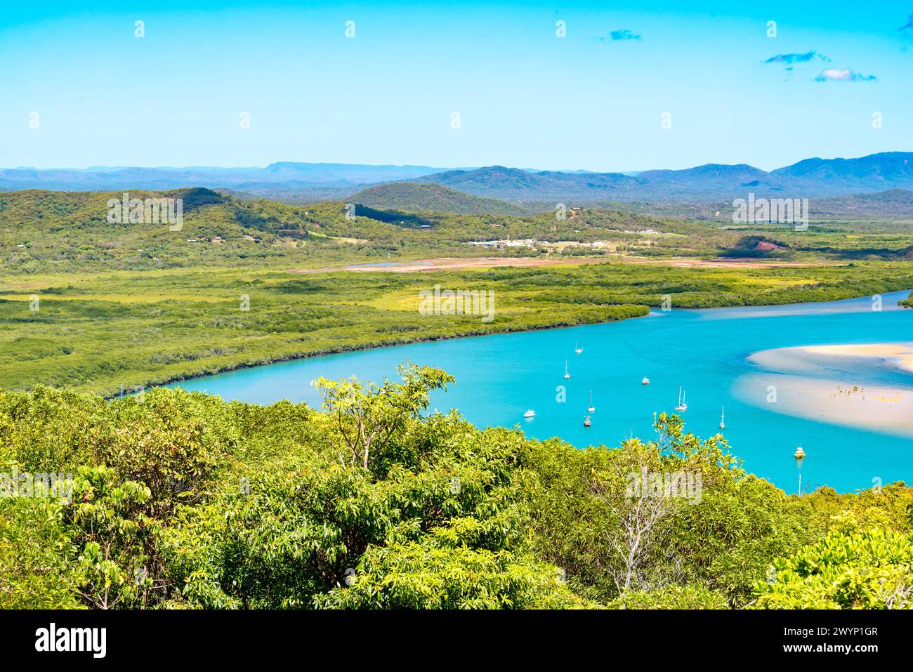 Outer parts of the town and boats anchored beside the massive mangrove ...