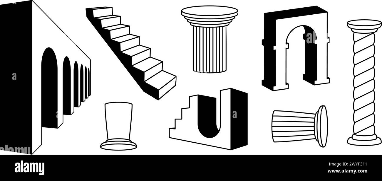 Outline arches, columns and stair collection. Surreal greek ruin ...