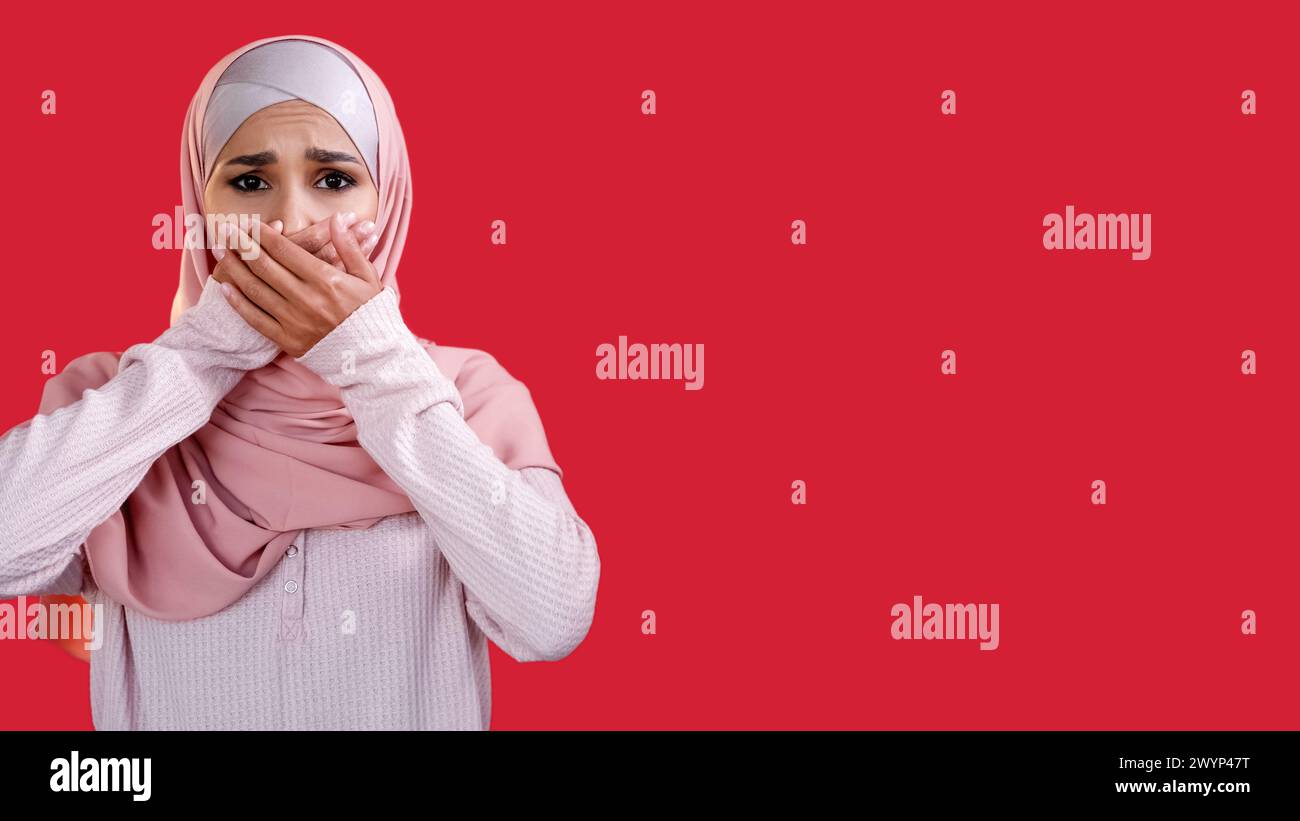 Fear anxiety. Shock stress. Disturbed scared worried woman in headscarf ...