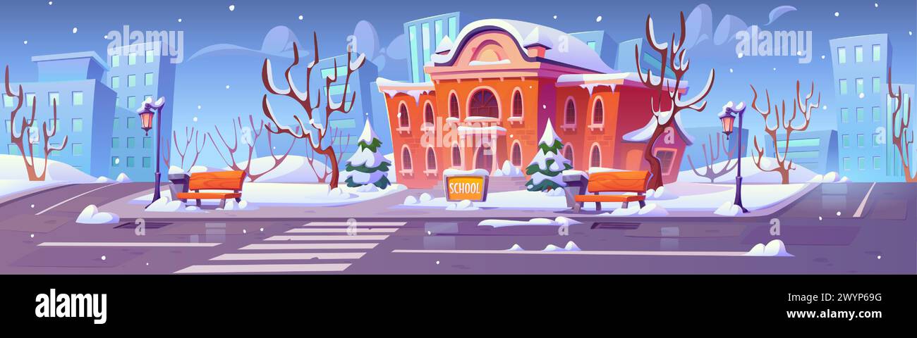 School building and yard covered with snow in winter. Cartoon vector ...