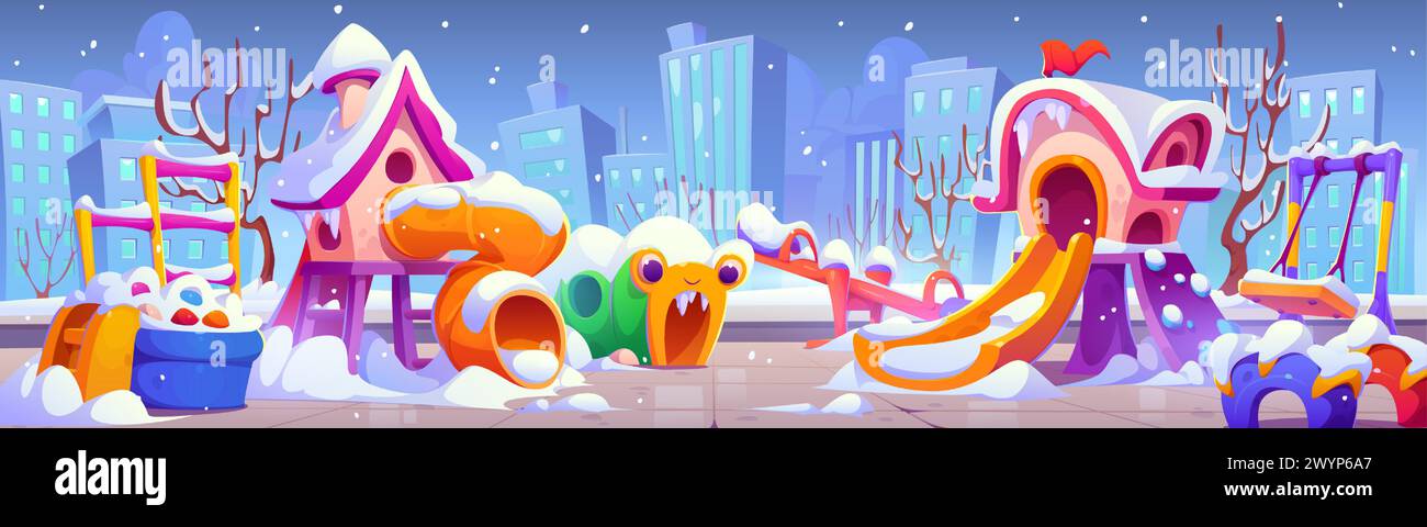 Children playground public park in winter. Cartoon vector snowy city ...