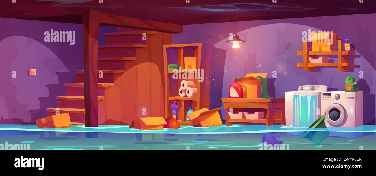 Flood on house basement floor with laundry room. Cellar interior with ...