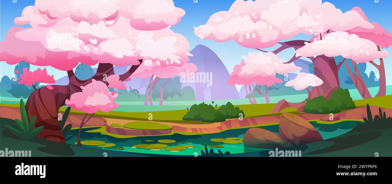 Pink blossom forest with pond spring landscape. Japan garden with lake ...