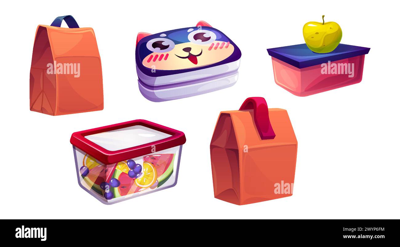 School lunchbox with kid food and bag for snack. Healthy lunch meal for ...