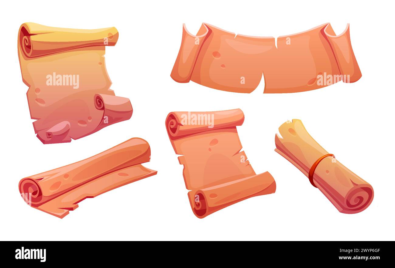 Old parchment scrolls set isolated on white background. Vector cartoon ...