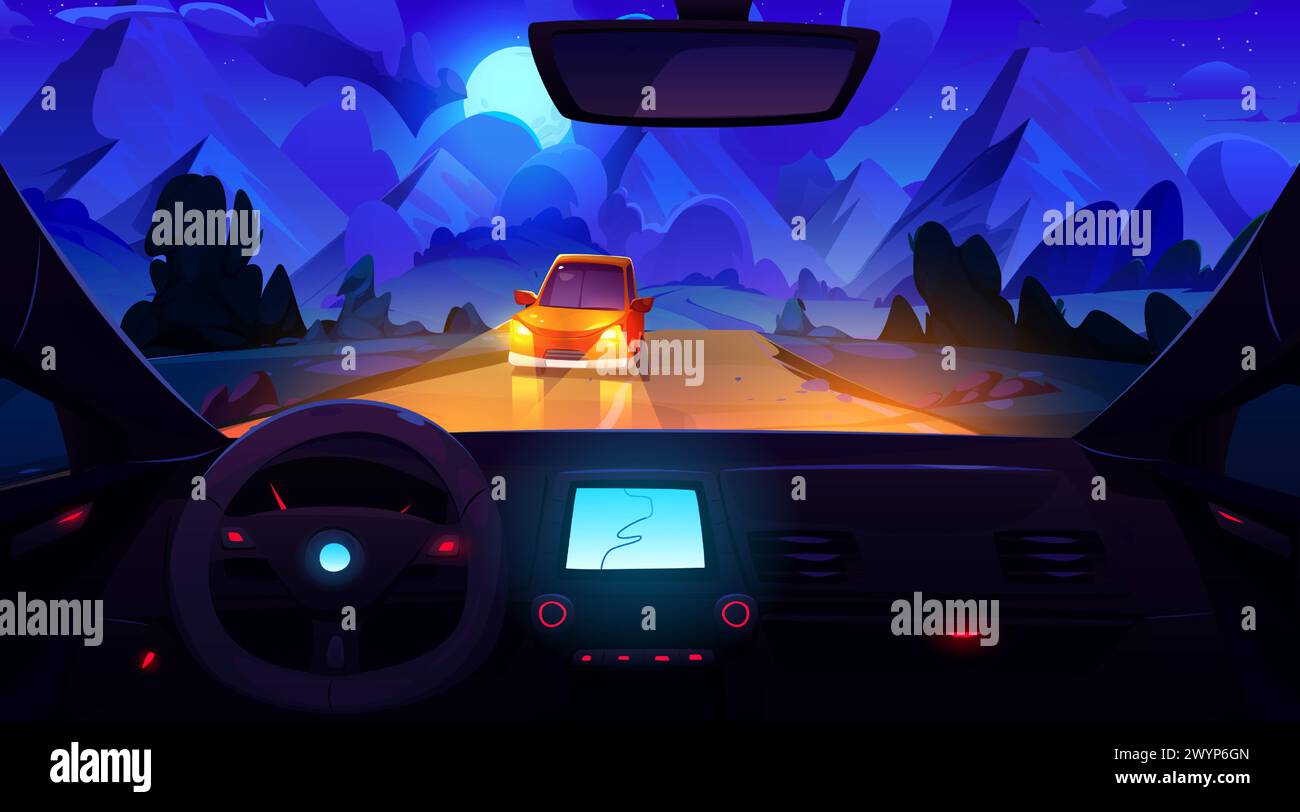 Night mountain view from inside car. Vector cartoon illustration of ...