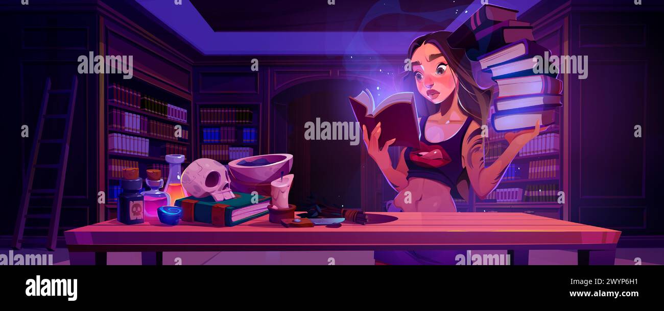 Girl open book in magic school library background. Fantasy interior ...