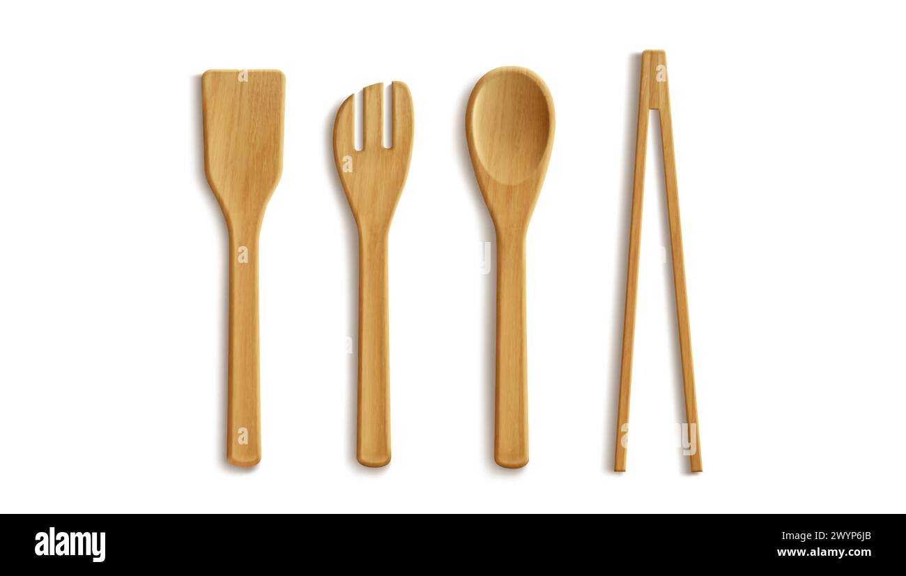 3d realistic wooden spoon and fork kitchen cutlery. Bamboo tableware ...