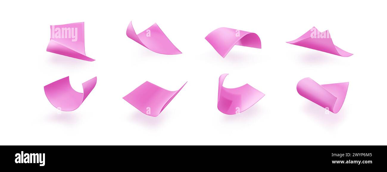 3d pink paper page fly. Document sheet falling on wind. Office letter ...