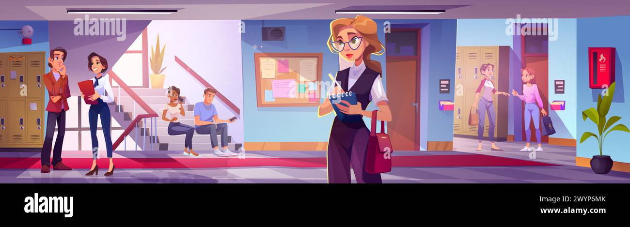 Student and teacher talking in school corridor. Hallway interior with ...