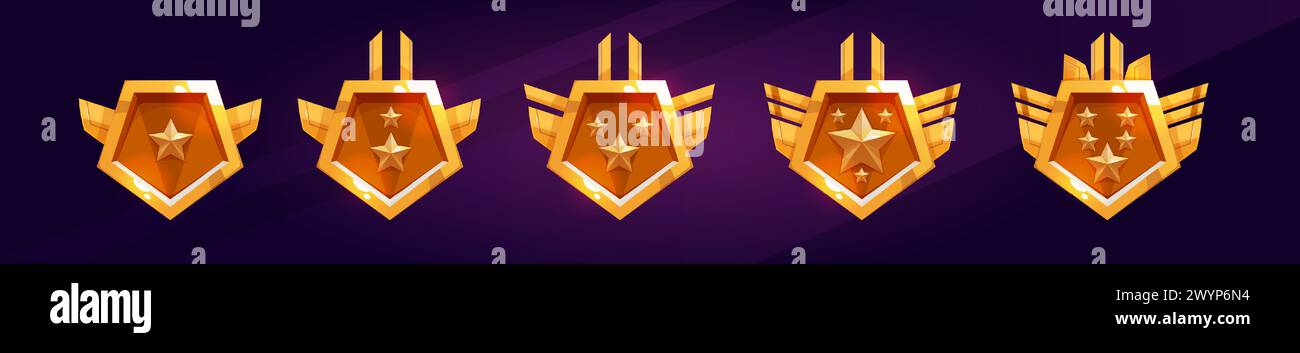 Gold game rank badge and level medal vector icon. Golden shield emblem with star. Royal win ...
