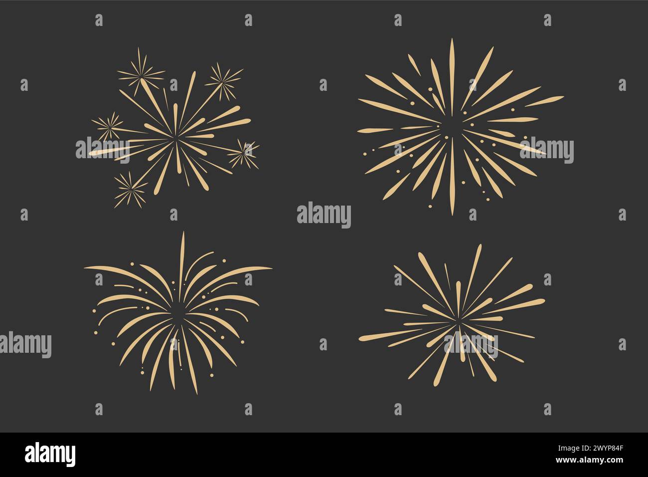 Set gold fireworks, firecrackers golden burst, rays festive doodle ...