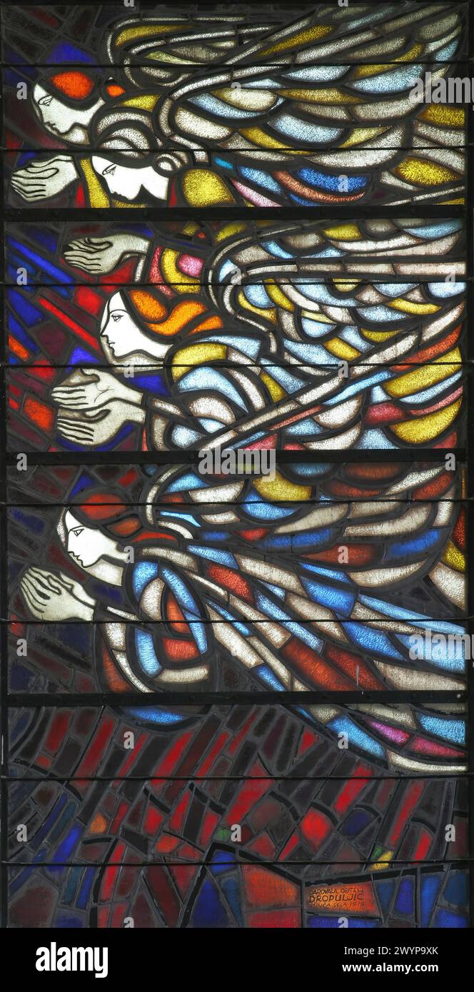 Angels, stained glass window in church parish church of the Saint ...