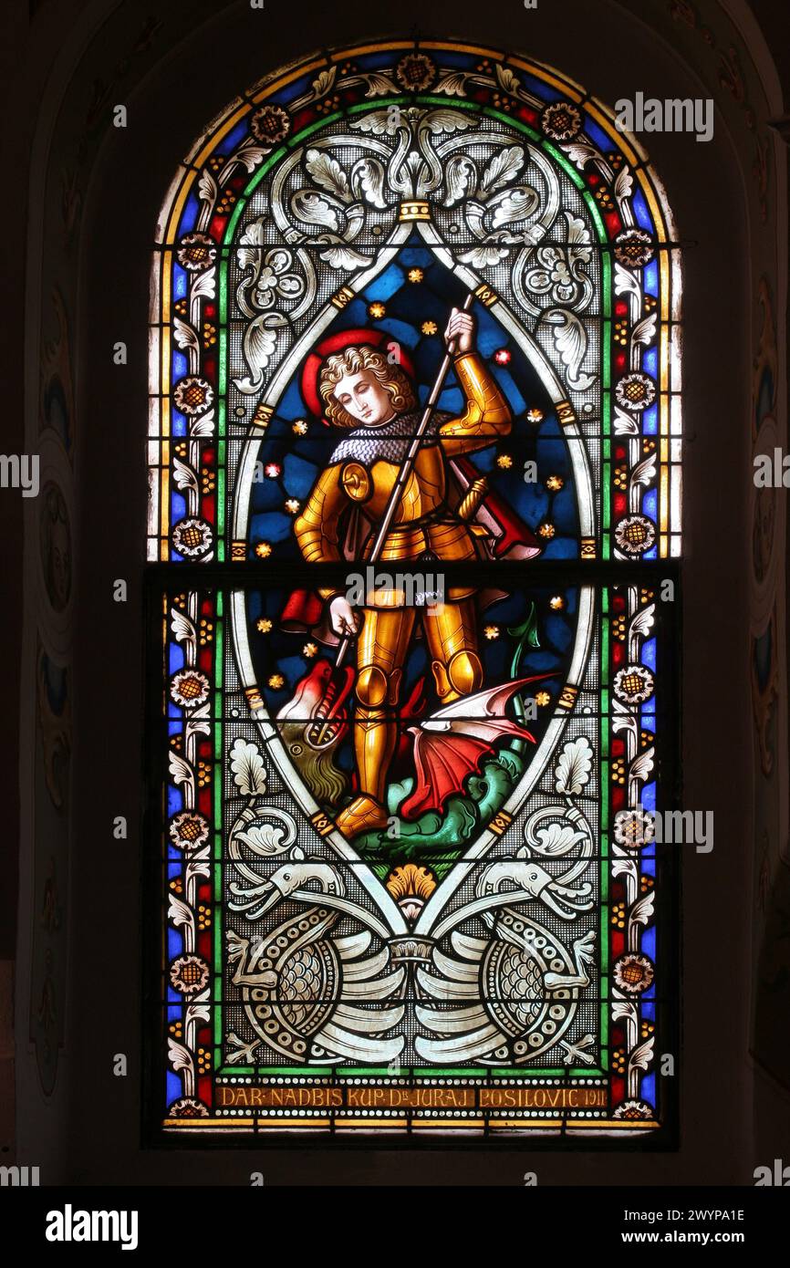 Saint George, stained glass window in the parish church of the ...