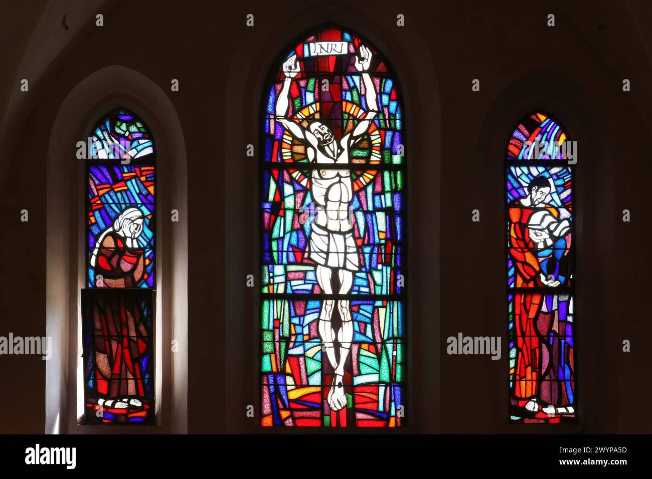 Jesus on the Cross, stained glass window in the parish church of St ...