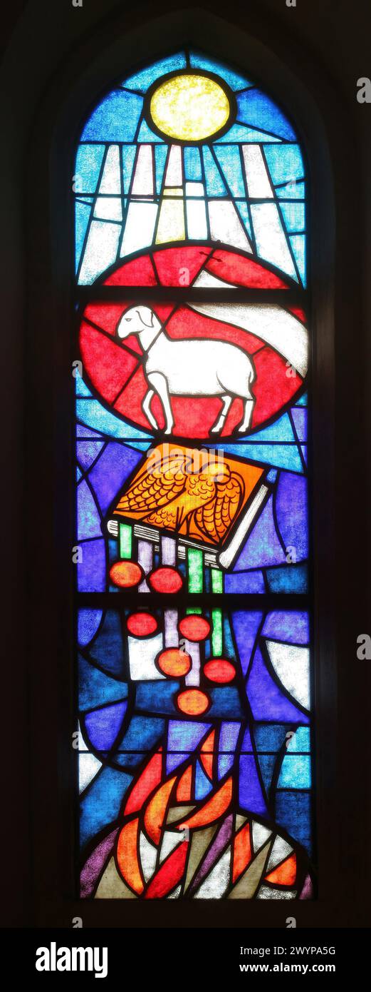 Agnus Dei, Lamb of God, stained glass window in the parish church of St ...