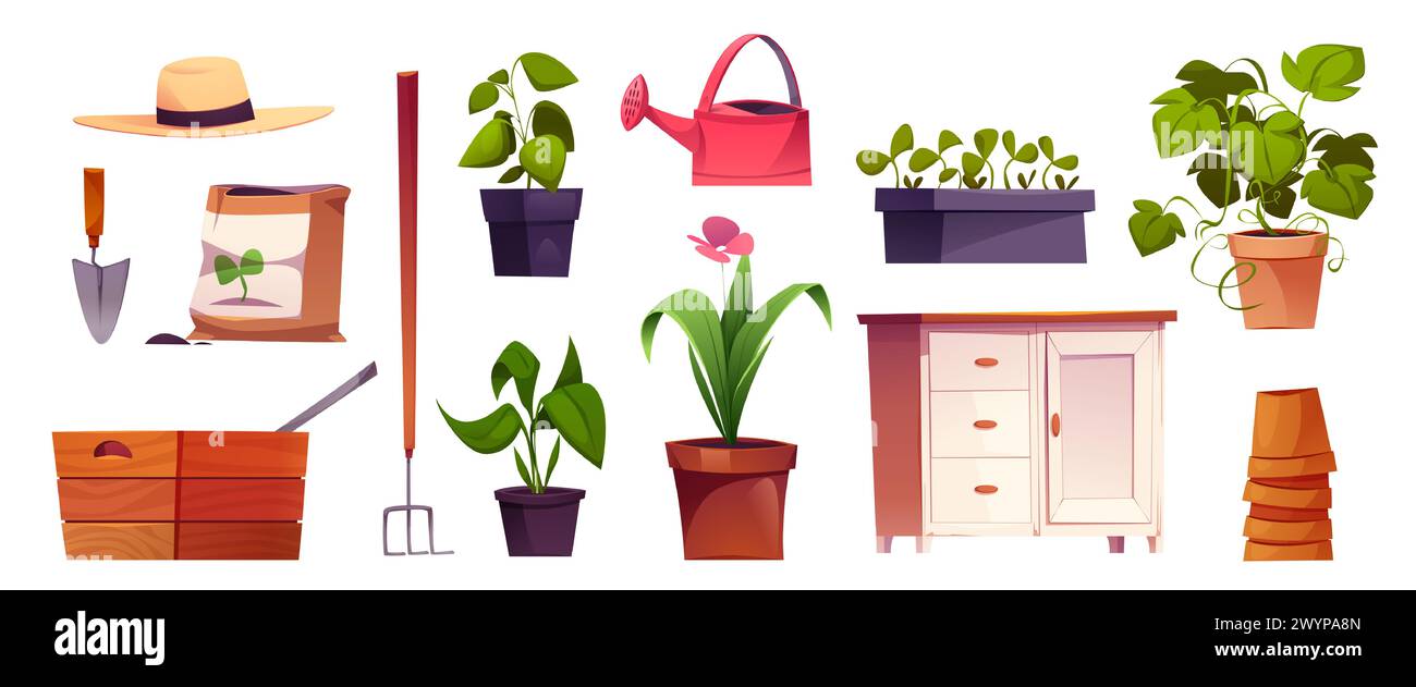 Greenhouse garden interior furniture and equipment. Cartoon vector ...