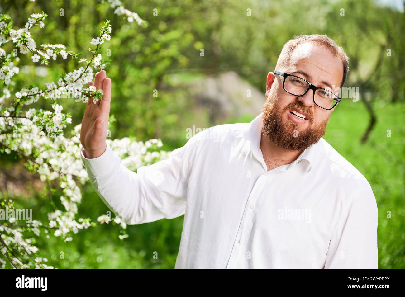 Man allergic suffering from seasonal allergy at spring in blossoming ...