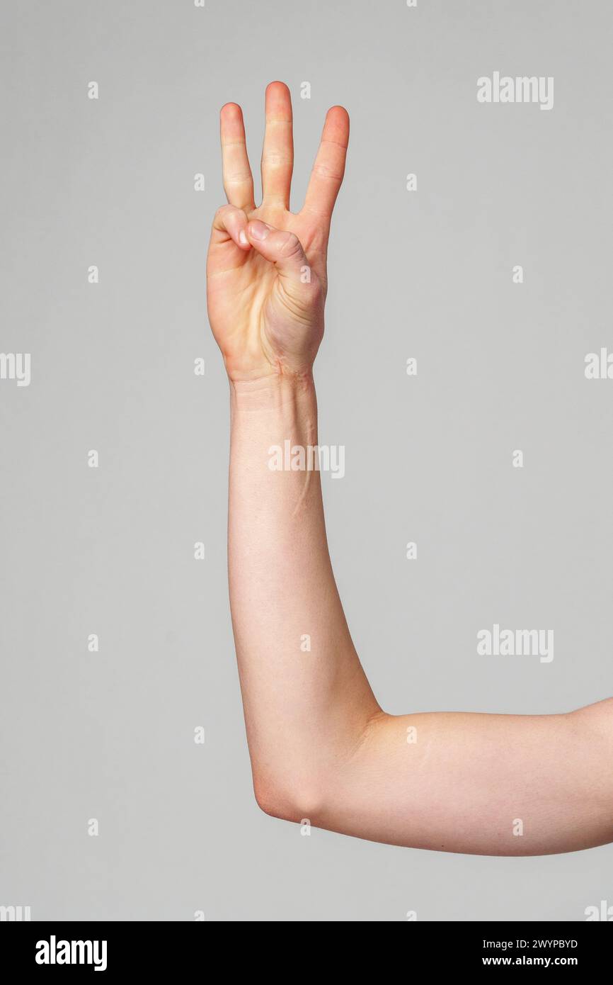 Hand Gesturing Number Three Against a Plain Background in Natural Light ...