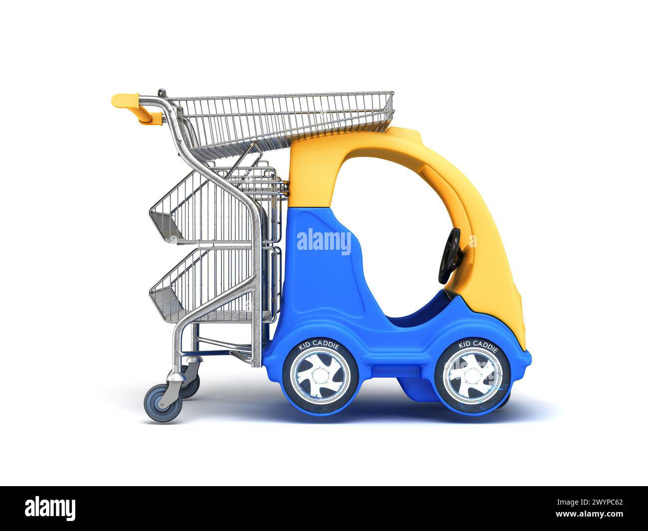 Baby blue car with a shopping basket in the right side back view 3d ...