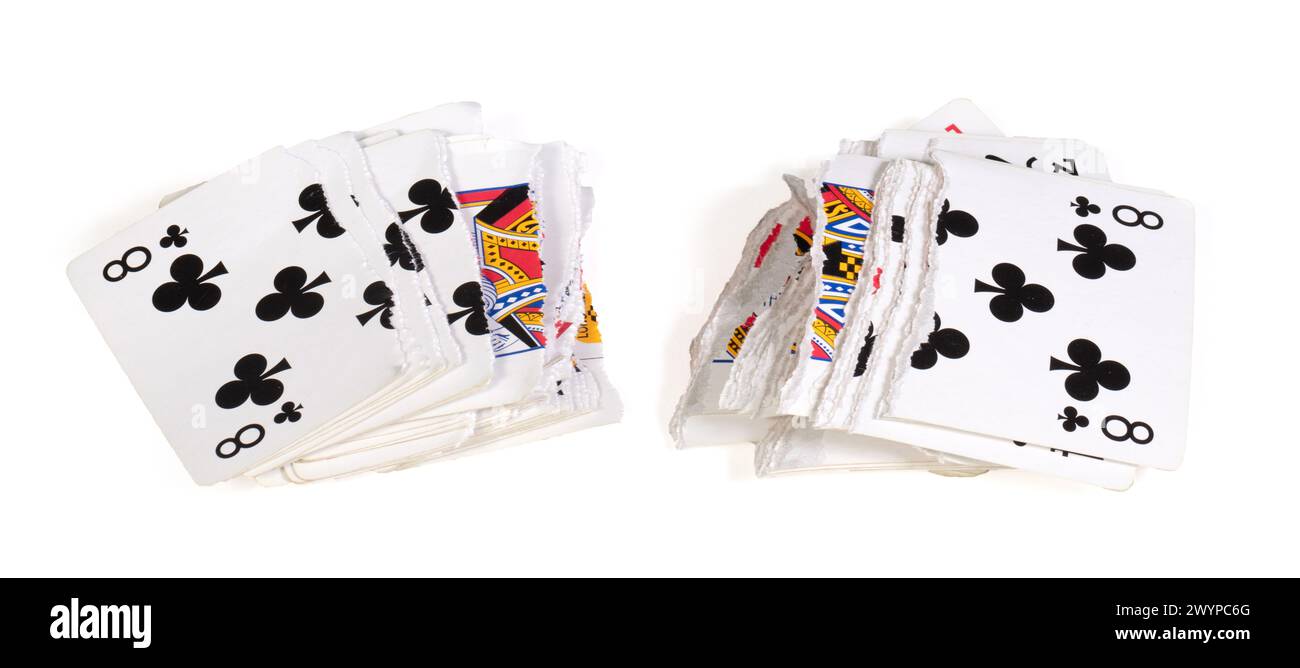 Playing card, torn in pieces, isolated on white Stock Photo - Alamy