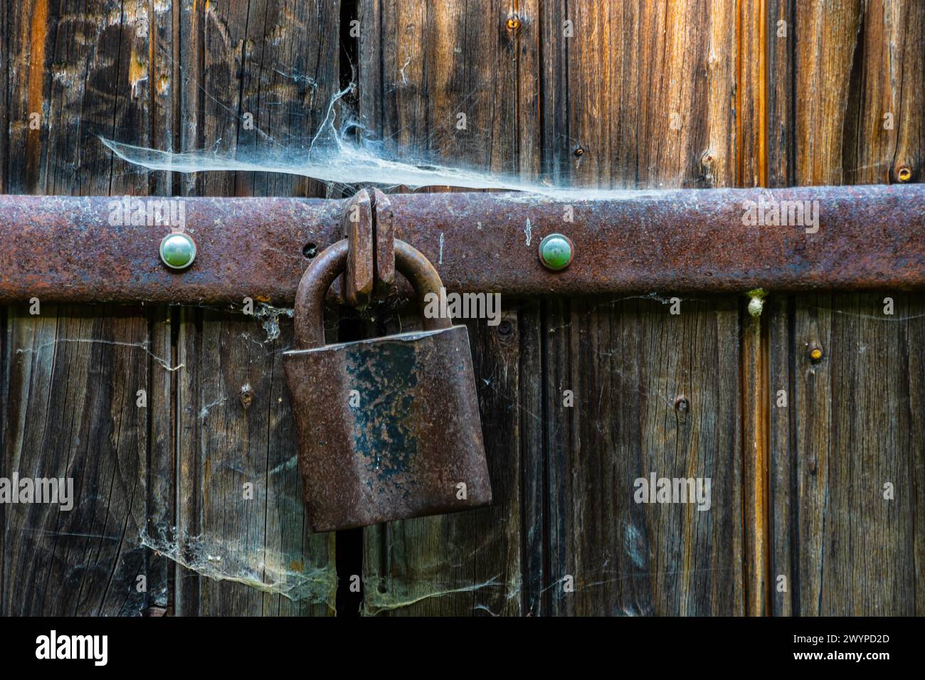 Close up view of the old rusty padlock on a aged gray wooden door Stock ...