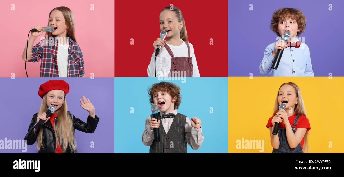 Children singing on different color backgrounds, collection of photos ...