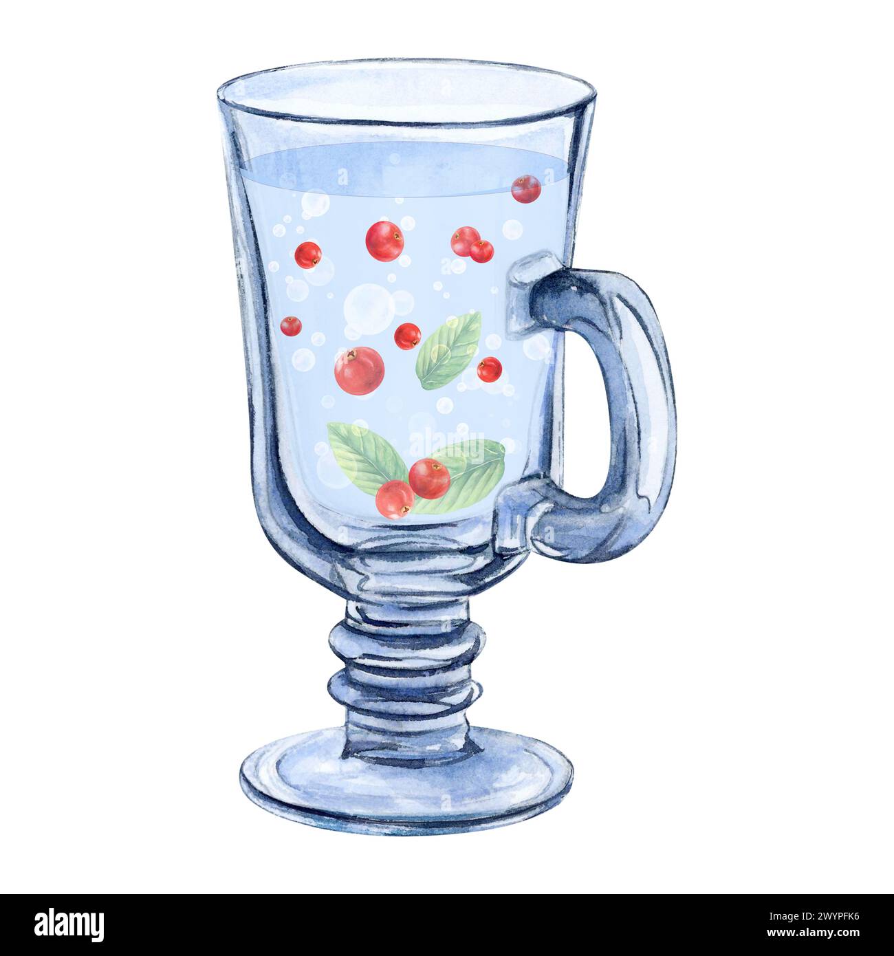 Glass cup water cranberry watercolor drawing. Glassware bubbles full ...