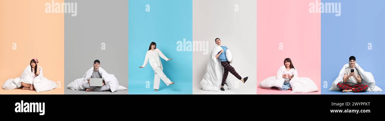 People in pajamas on different color backgrounds, collage of photos ...