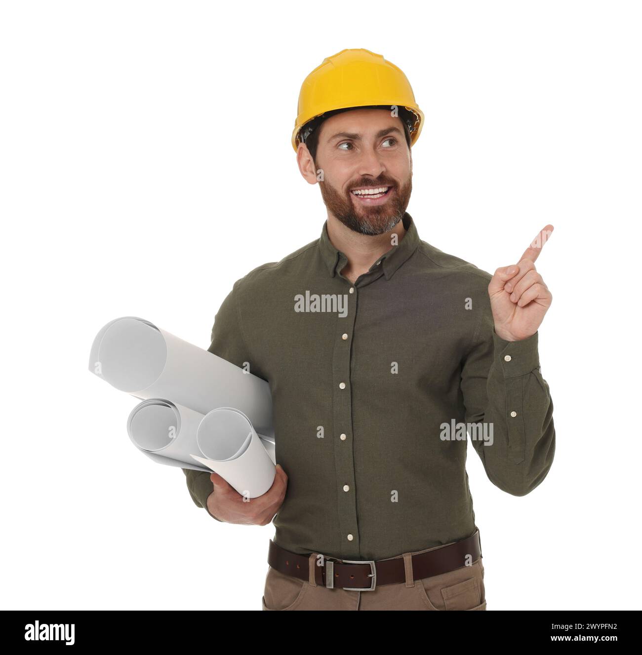 Architect in hard hat with drafts pointing at something on white ...