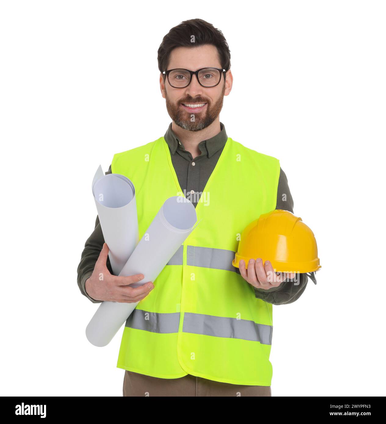 Architect with drafts and hard hat on white background Stock Photo - Alamy