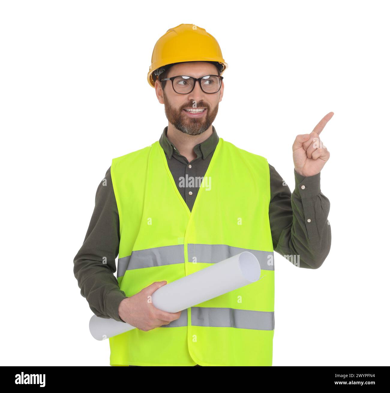 Architect in hard hat with draft pointing at something on white ...