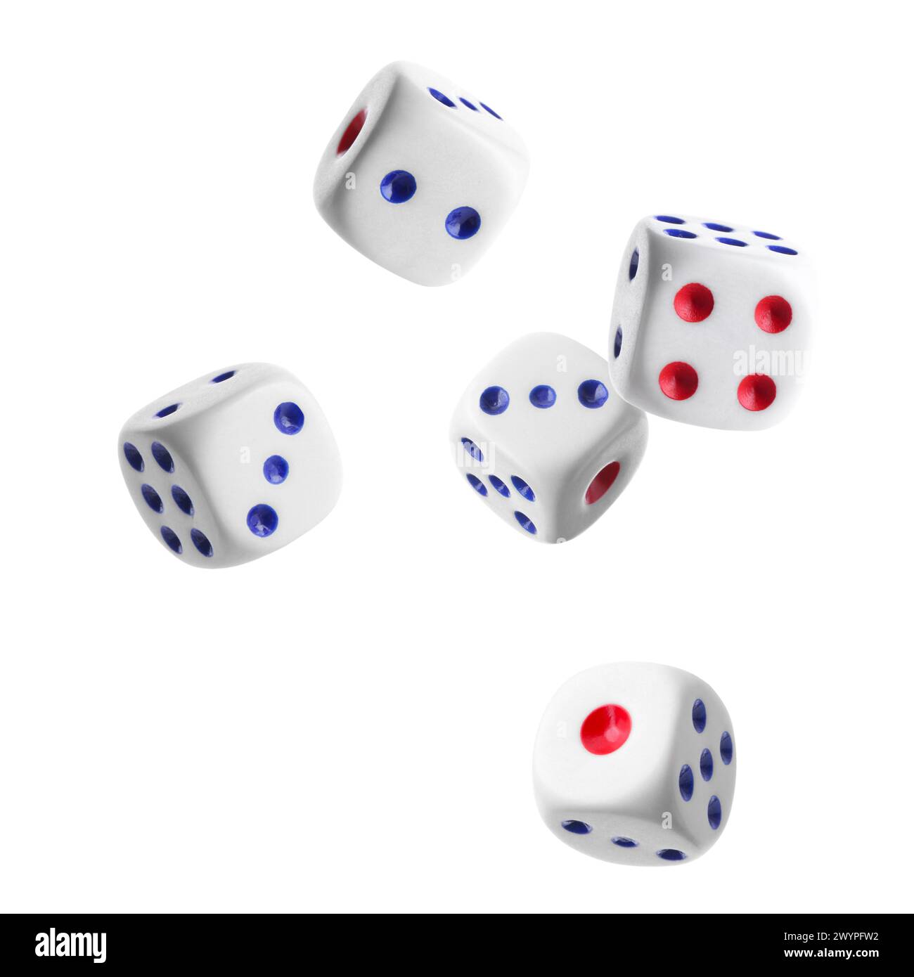 Five dice in air on white background Stock Photo - Alamy