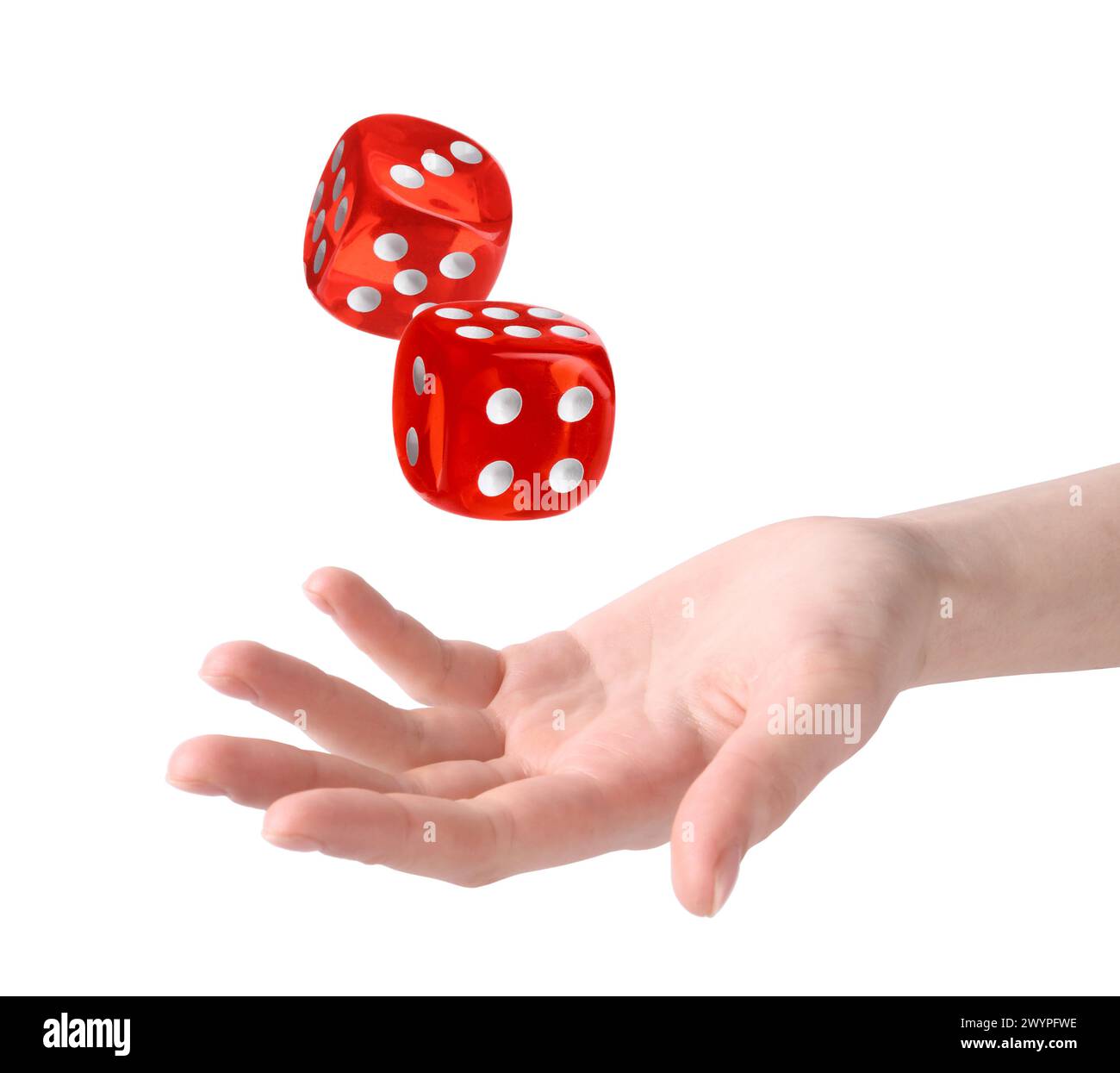 Woman throwing red dice on white background, closeup Stock Photo - Alamy