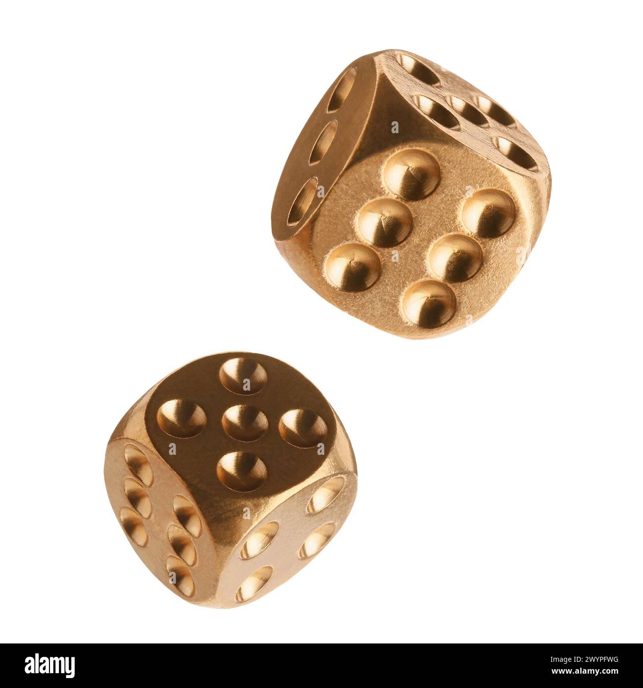 Two golden dice in air on white background Stock Photo - Alamy