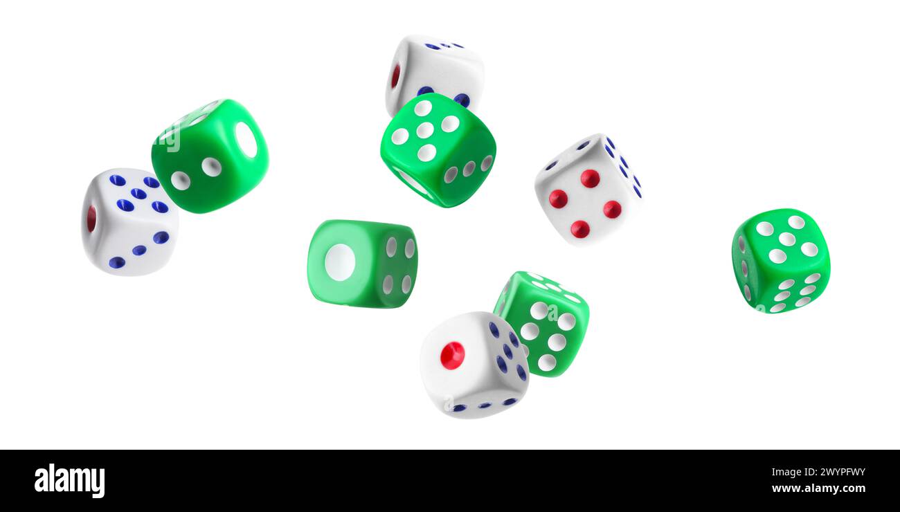 Many different dice in air on white background Stock Photo - Alamy