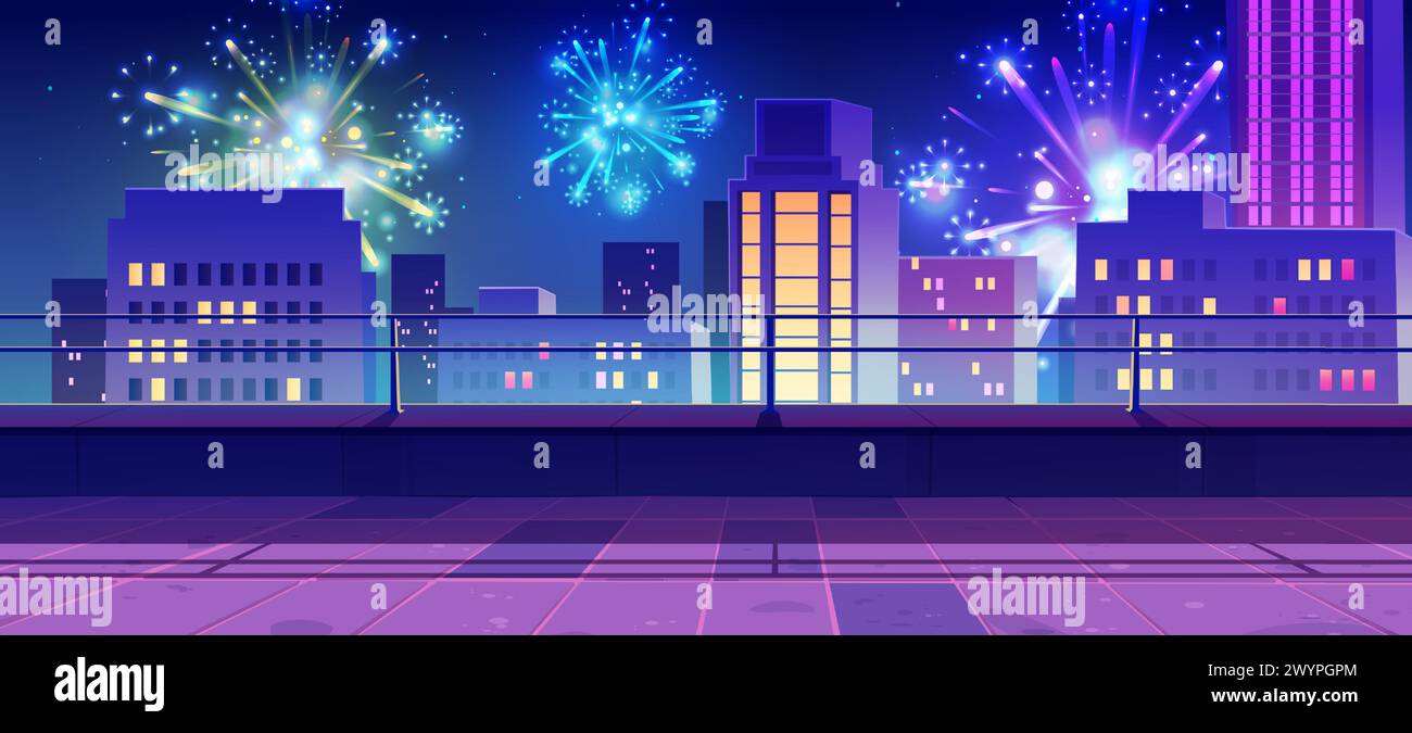 Night city street view from rooftop balcony illustration. Roof terrace ...