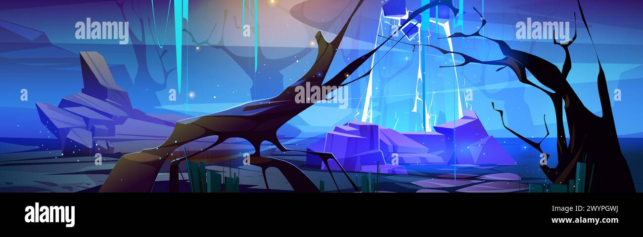 Magic portal in fantasy game landscape background. Night alien planet ...