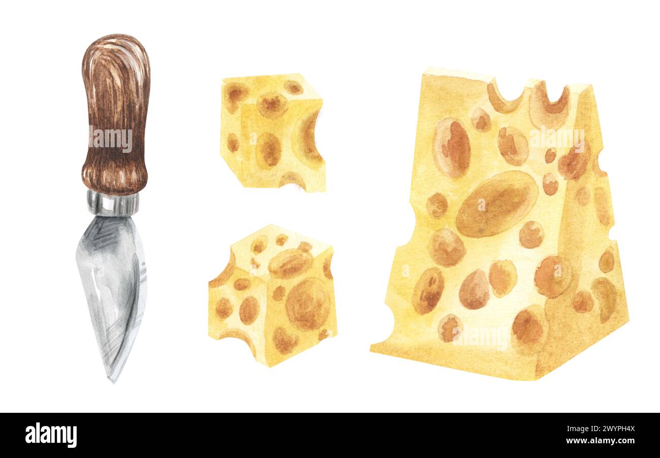 Parmesan cheese and knife set. Hand drawn watercolor illustration ...