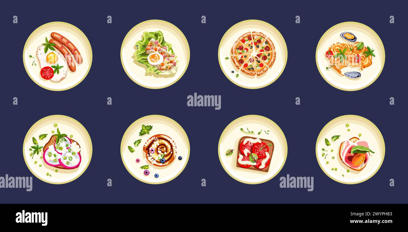 Set of ready made dishes on white plates. Healthy food for printing in ...