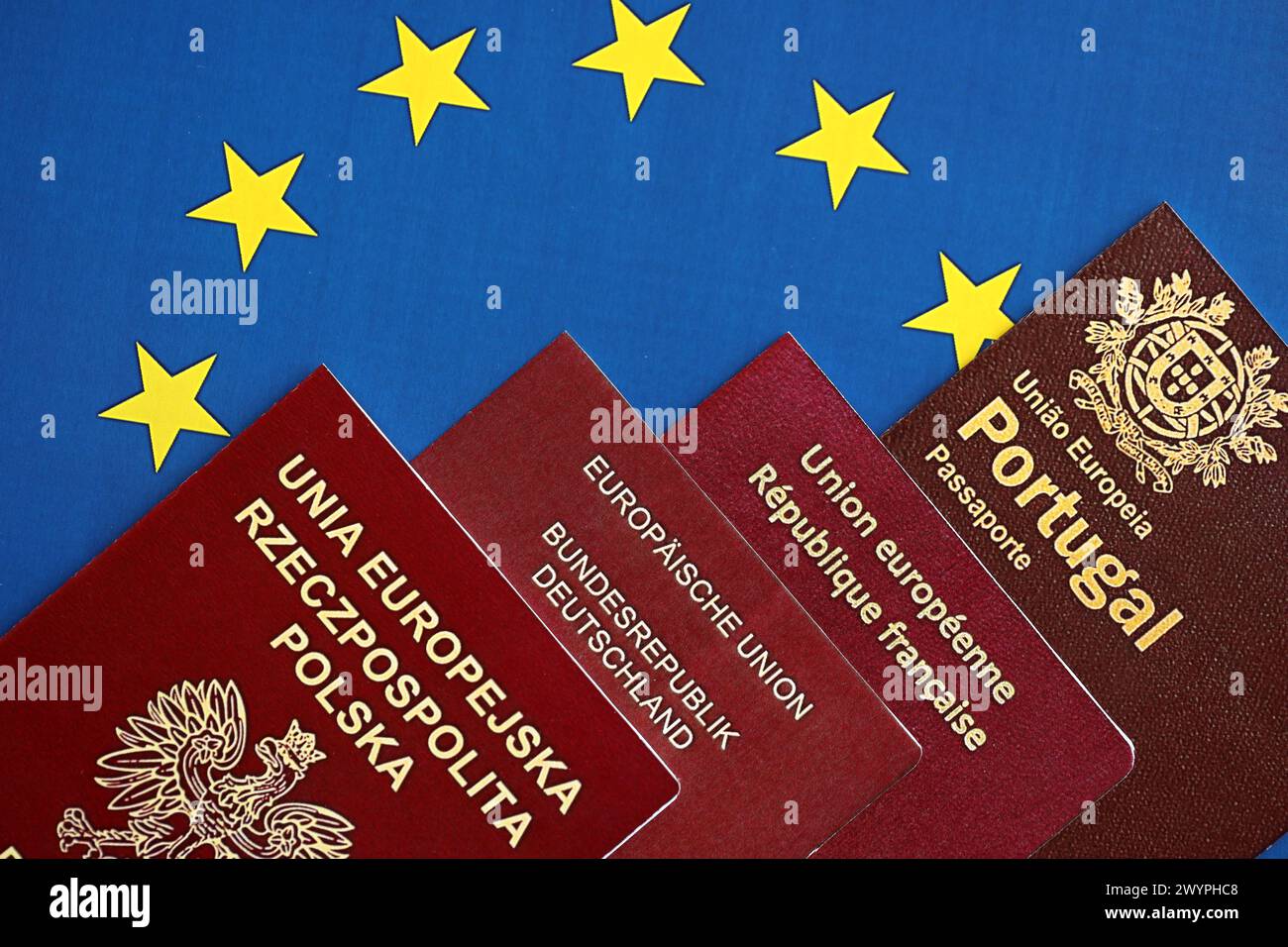 European union countries passports on blue EU flag close up. Portugal ...