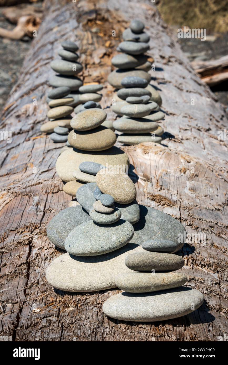 Cairn of rocks stacked on Ruby Beach on the Olympic Peninsula in the ...
